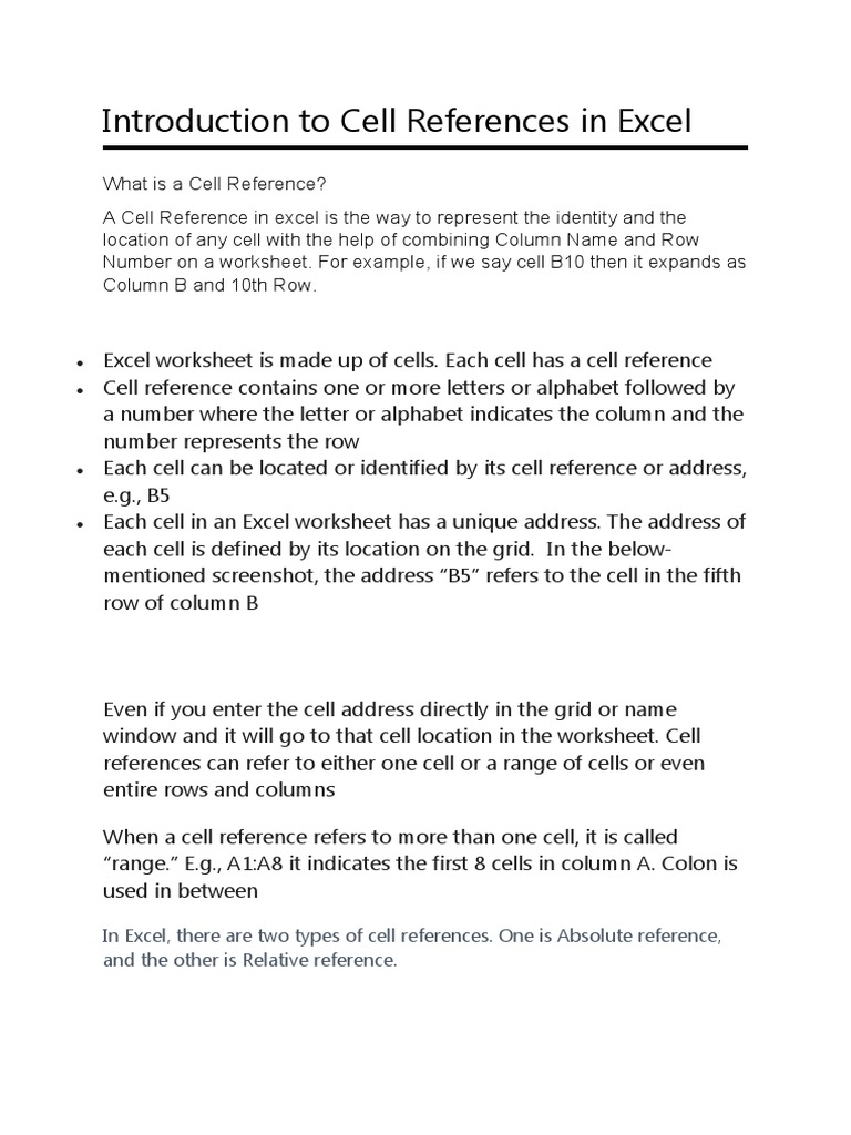 Excel Cell Reference | PDF | Microsoft Excel | Mathematics