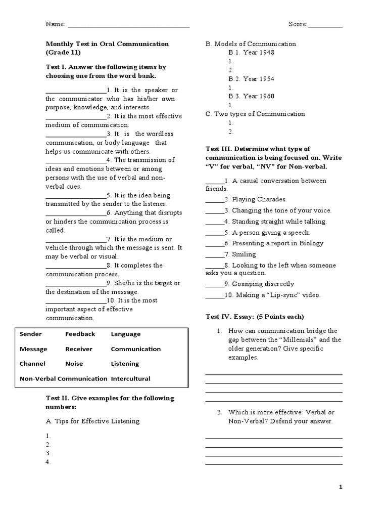 Monthly Test in Oral Comm | PDF | Communication | Nonverbal Communication