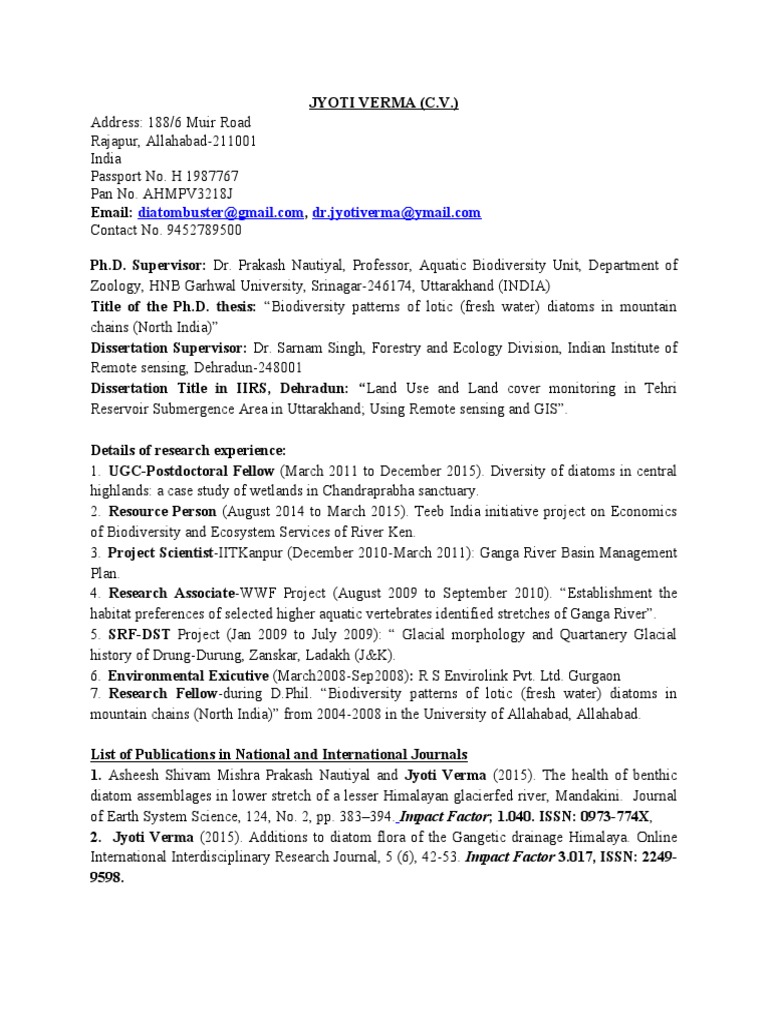 Detailed CV JYOTI VERMA 2016 | PDF | Biodiversity | Ecology