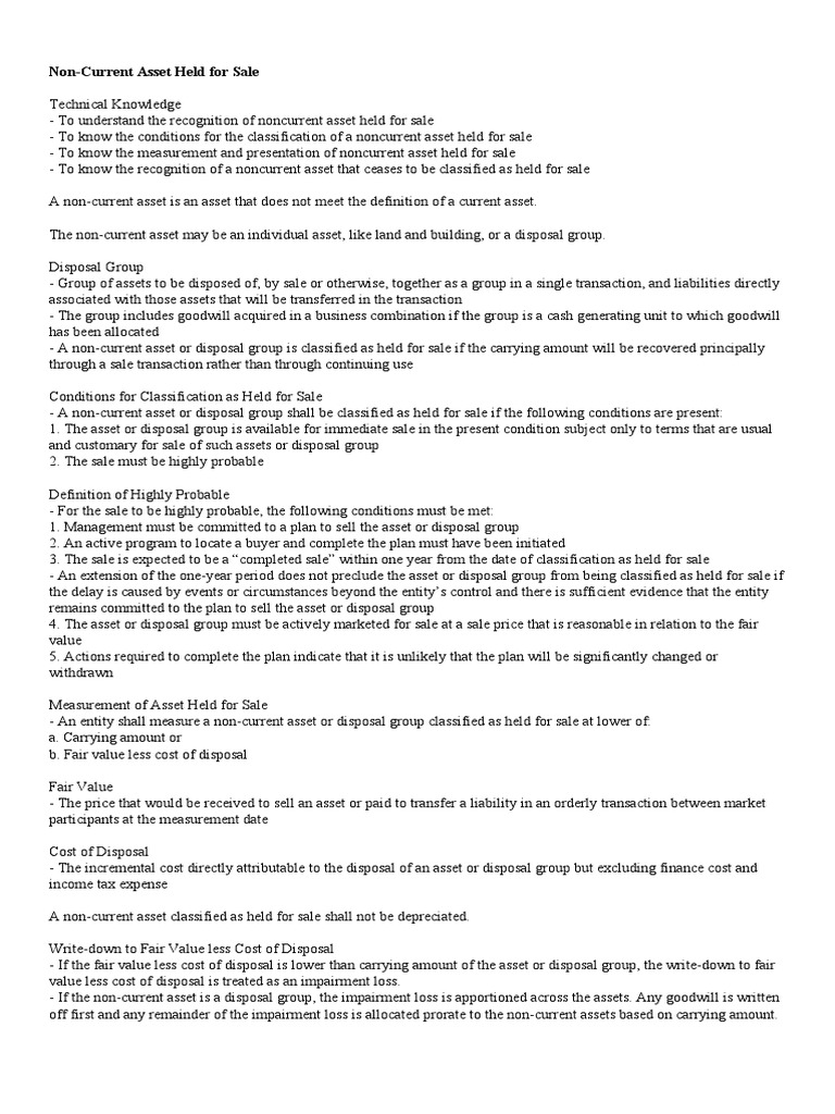 Non-Current Asset Held For Sale - Notes | PDF | Fair Value | Depreciation