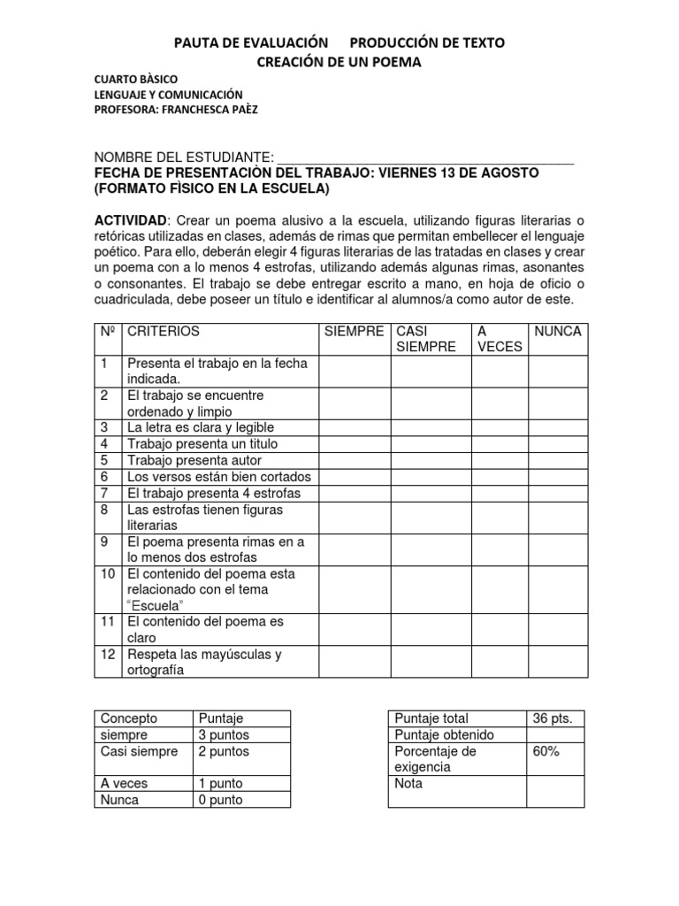 Pauta de Evaluación Poema | PDF