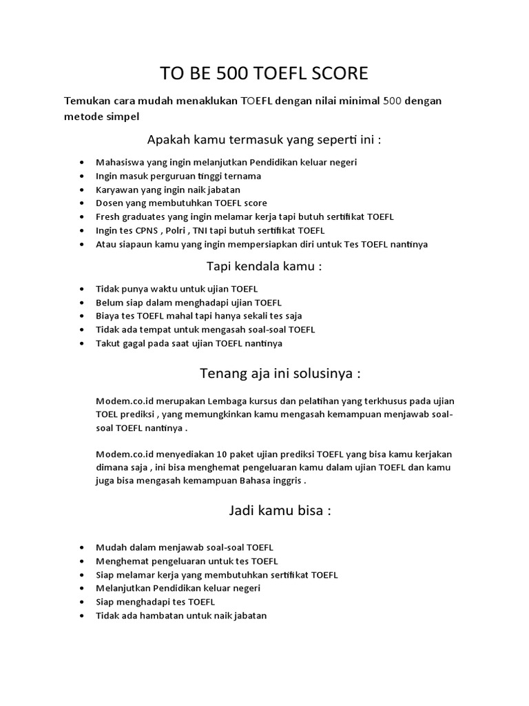 Cara Dapat Skor TOEFL 500 dengan Mudah | PDF