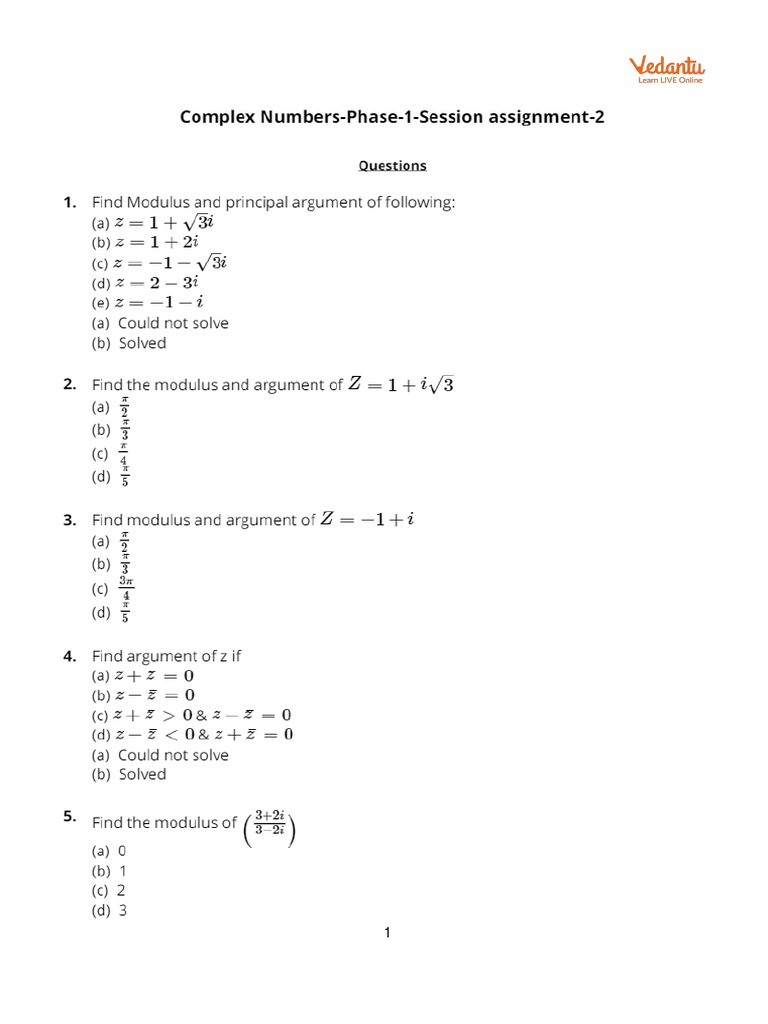 Complex Numbers Phase 1 Session Assignment 2 | PDF