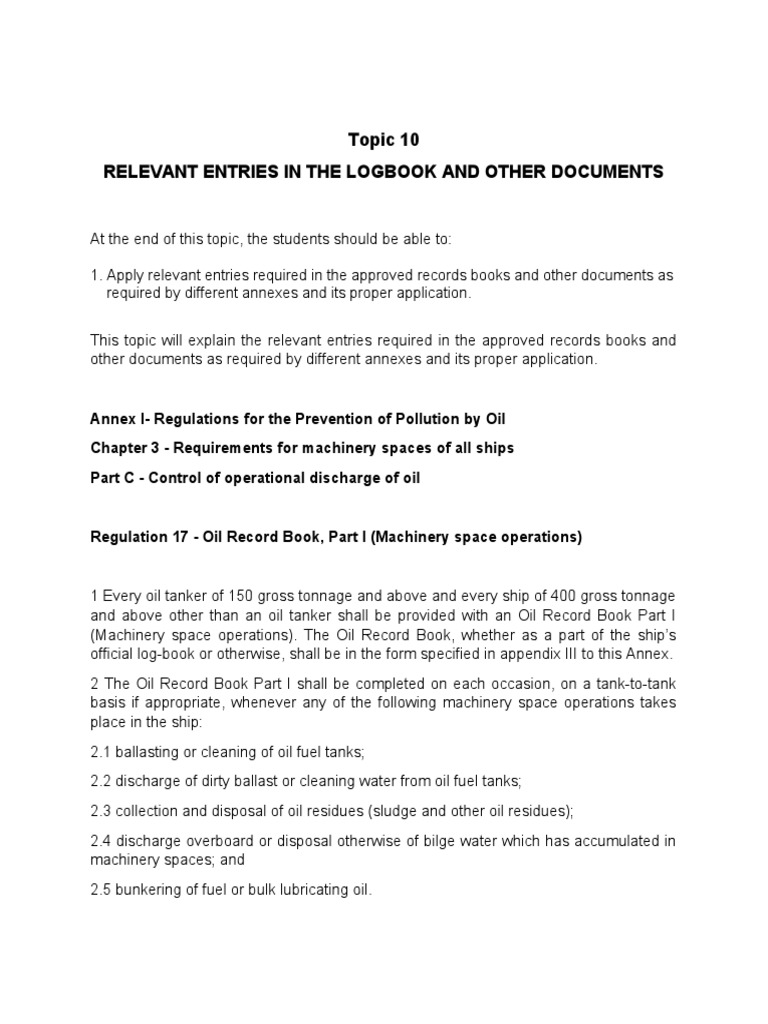 Topic 10 Relevant Entries In The Logbook And Other Documents Pdf