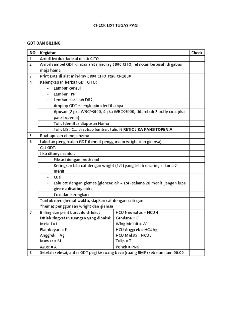 Checklist Tugas Pagi dan Sore Laboratorium | PDF