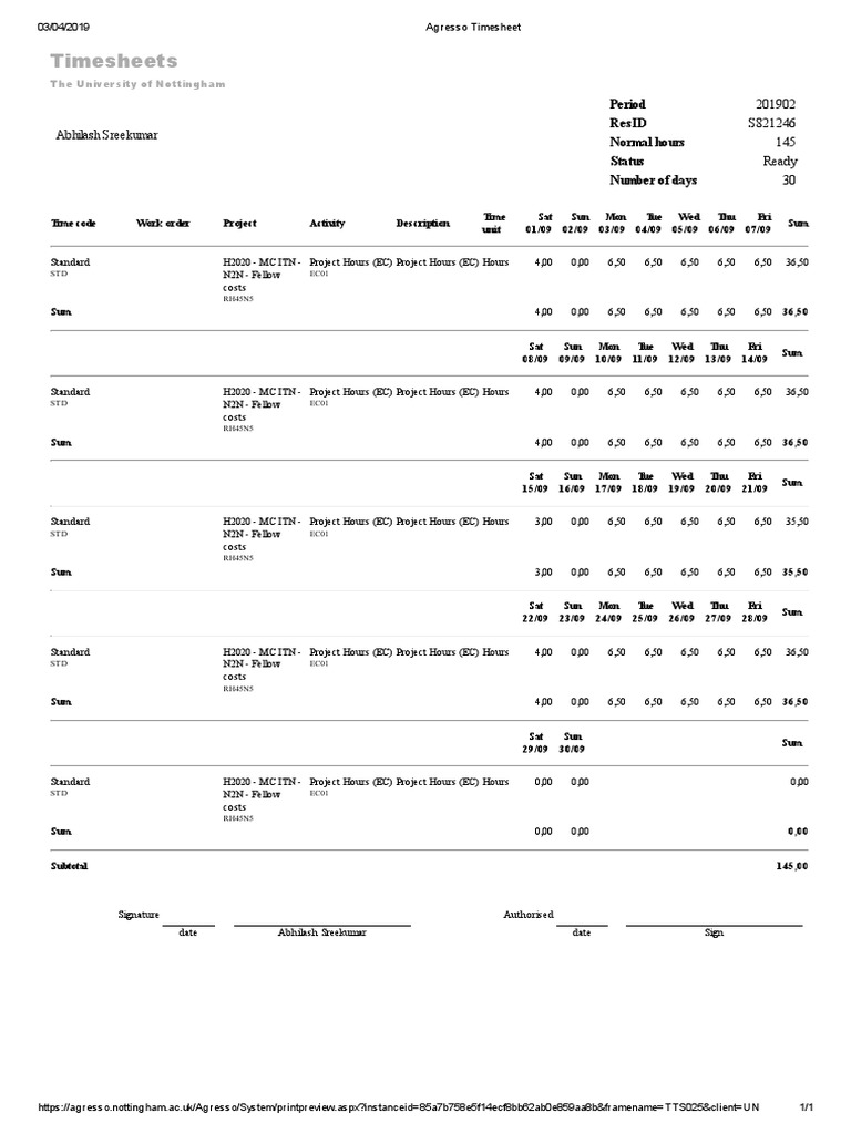 Agresso Timesheet September 2018 | PDF