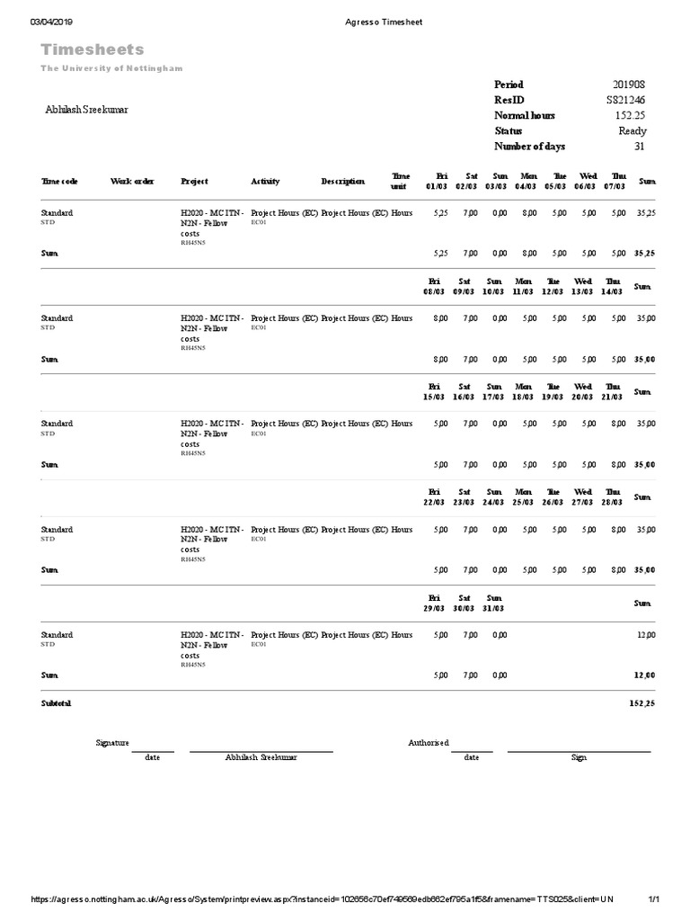 Agresso Timesheet March 2019 | PDF