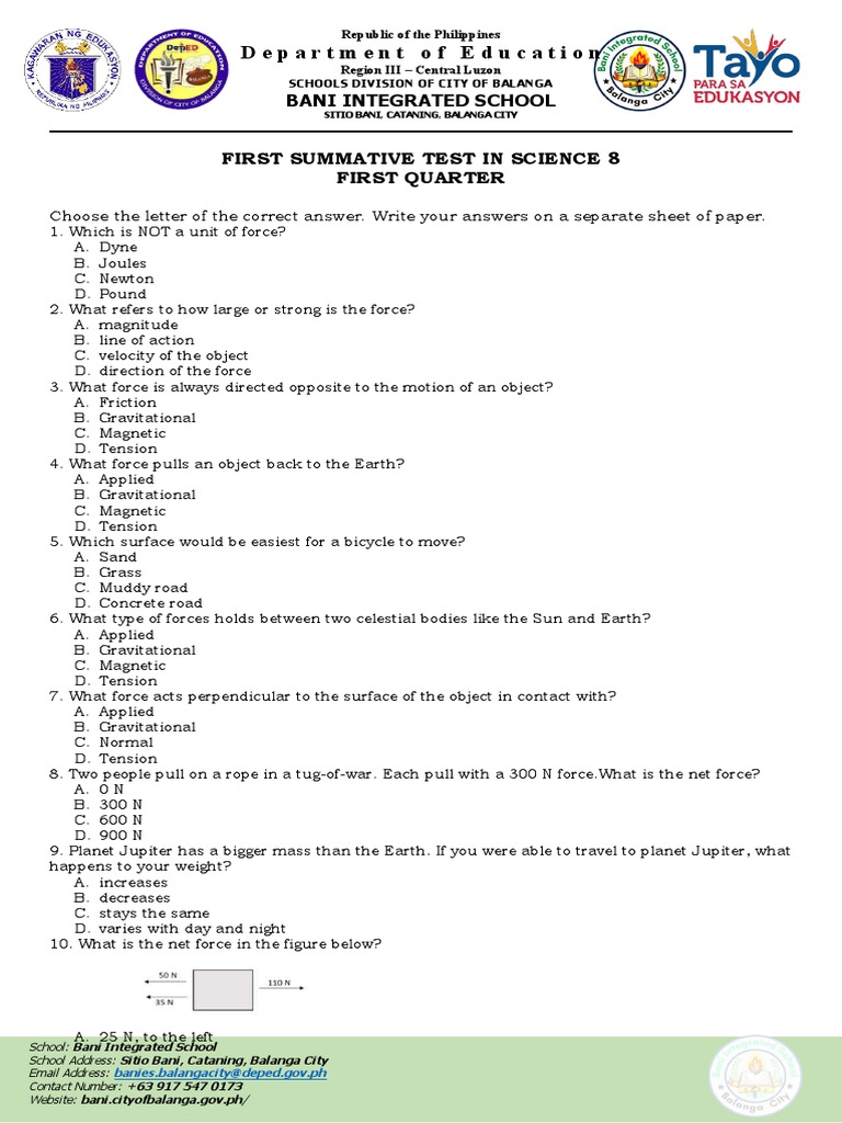 First Summative Test in Science 8-Q1 | PDF | Force | Weight