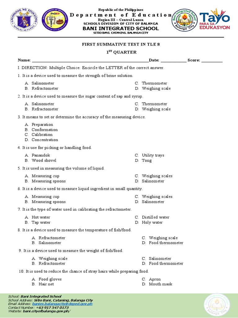 First Summative Test in Tle 8-Q1 | PDF | Thermometer | Weighing Scale