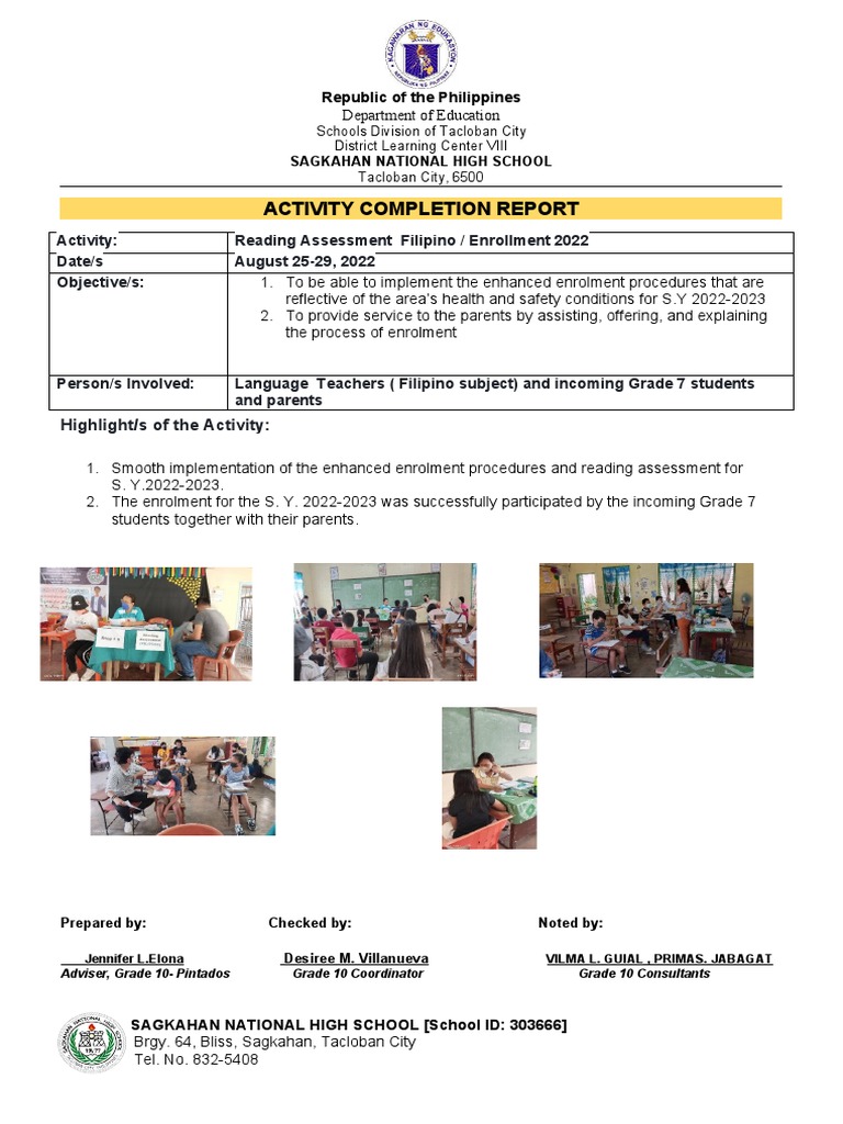 Sagkahan Hs Enrollment Activity Report Pdf