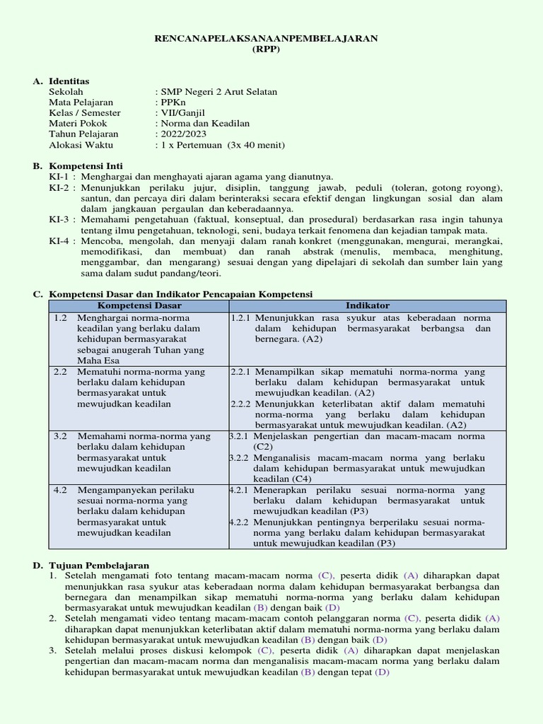 RPP Kelas VII Materi Norma Dan Keadilan Model PBL Pertemuan 1 | PDF