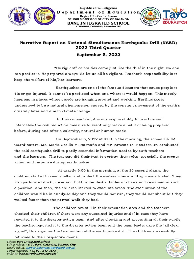Narrative Report On THIRD QUARTER NSED DRILL 2022 | PDF | Emergency ...