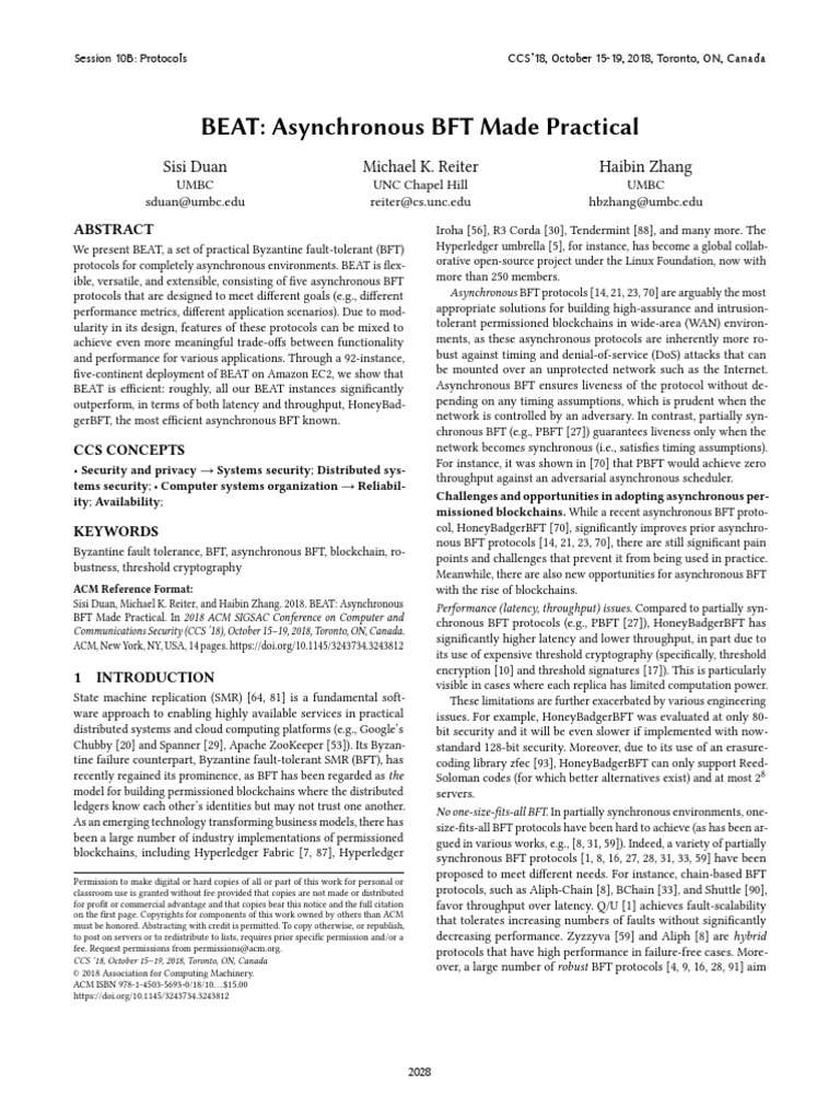 BEAT: Asynchronous BFT Made Practical: Sisi Duan Michael K. Reiter ...