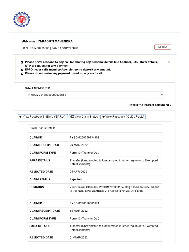 EPFO - Member Passbook & Claim Status | PDF | Banking | Economies