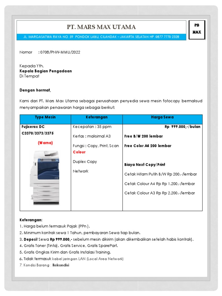 Penawaran Sewa Fuji Xerox 3370 | PDF