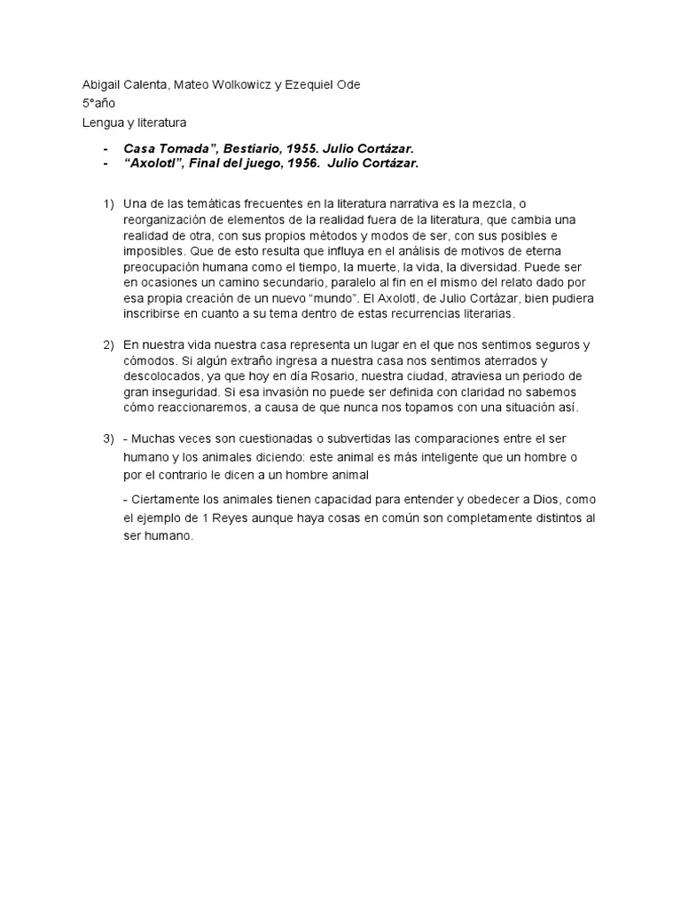 "Casa Tomada" y "Axolotl". Julio Cortázar | PDF