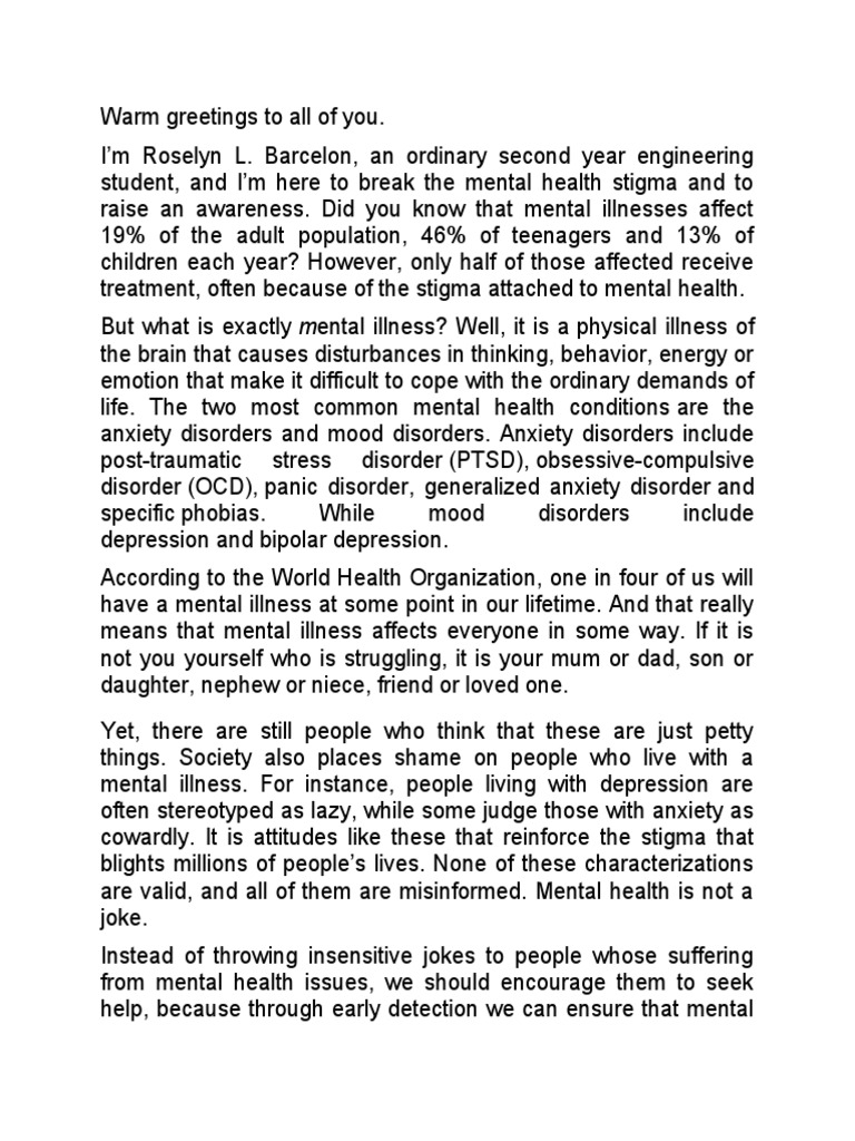 Public Speech For Mental Health | PDF | Anxiety Disorder | Mental Disorder