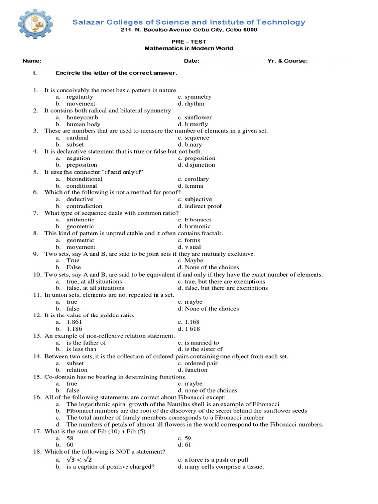 Mathematics in Modern World Pre-Test | PDF | Mathematics | Mathematical ...
