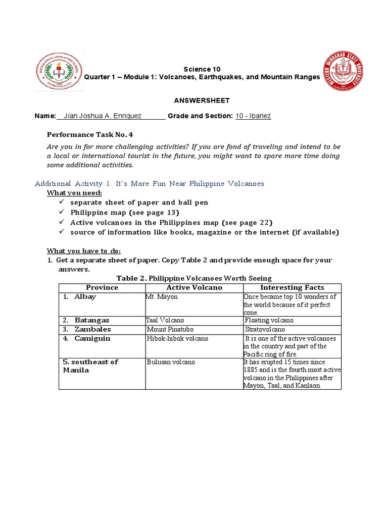 Science 10 Q1 Module 1 Performance Task No. 4 DONE | PDF | Philippines | Volcanology