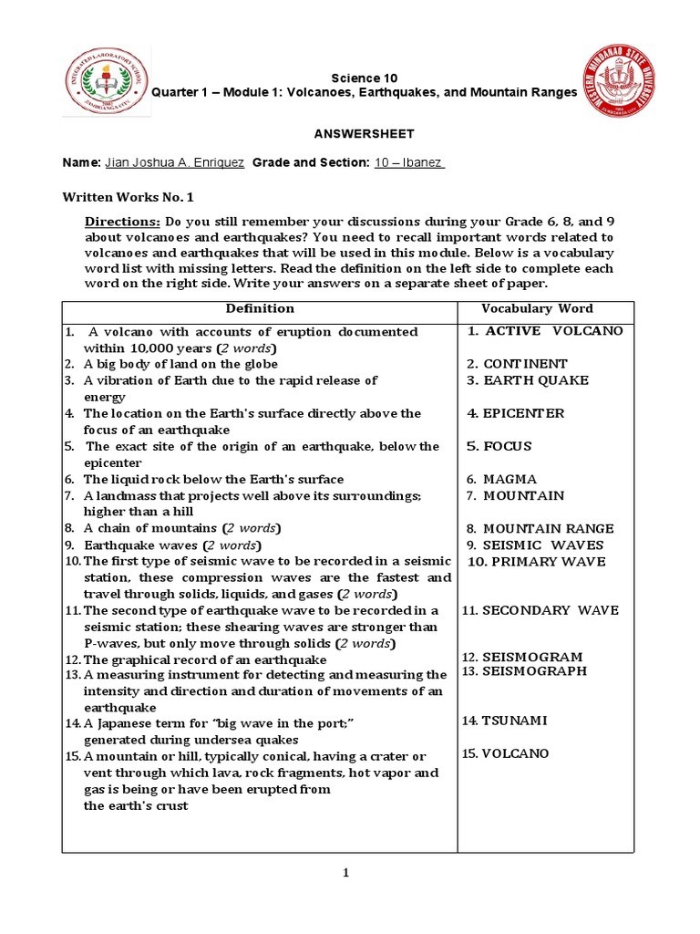 Science 10 Q1 Module 1 Written Works No. 1 DONE | PDF | Earthquakes | Volcano
