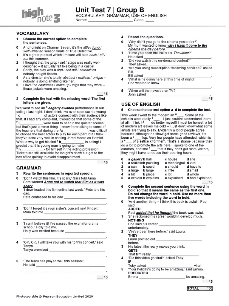 HighNote3 Unit Language Test Unit07 GroupB | PDF