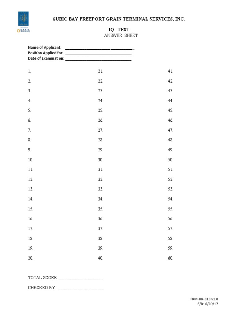 Iq Test - Answer Sheet | PDF