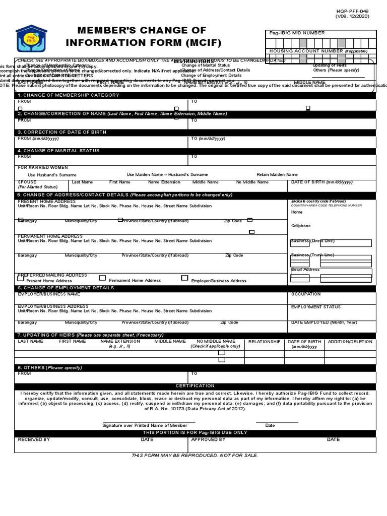 PFF049 MembersChangeInformationForm V08 PDF | PDF | Birth Certificate | Social Institutions
