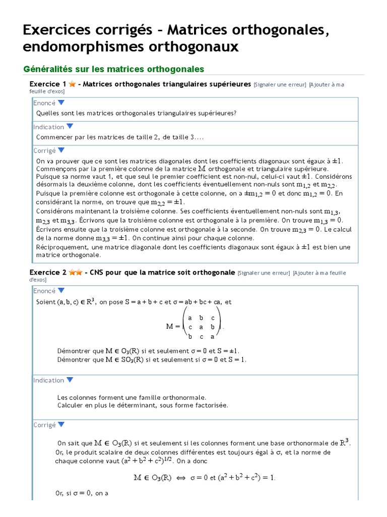 Exercices Corrigés - Matrices Orthogonales, Endomorphismes Orthogonaux | PDF | Valeur propre ...