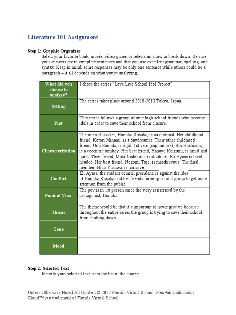 Literature 101 Assignment: Step 1: Graphic Organizer | PDF