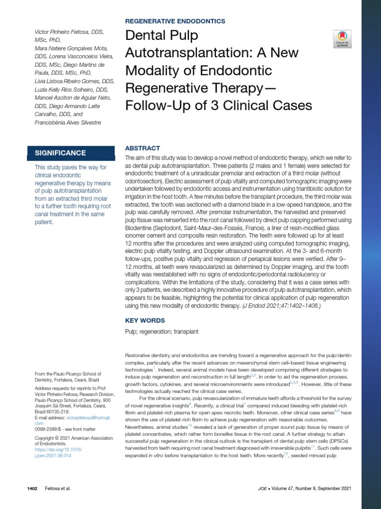 Dental Pulp Autotransplantation: A New Modality of Endodontic ...