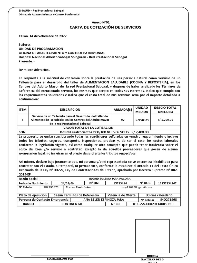 Cotización Taller Alimentación Saludable | PDF