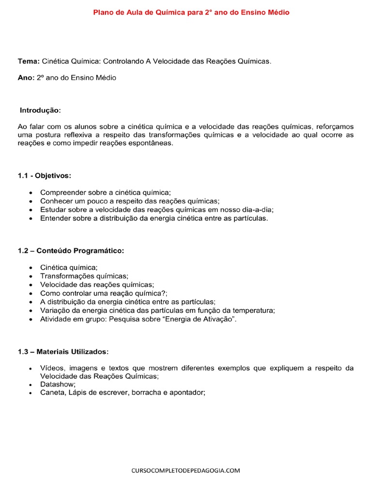 Plano de Aula de Quimica para 2° Ano Do Ensino Medio | PDF