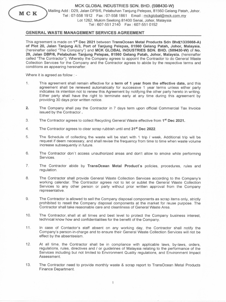 General Waste Management Services Agreement 2022 | PDF
