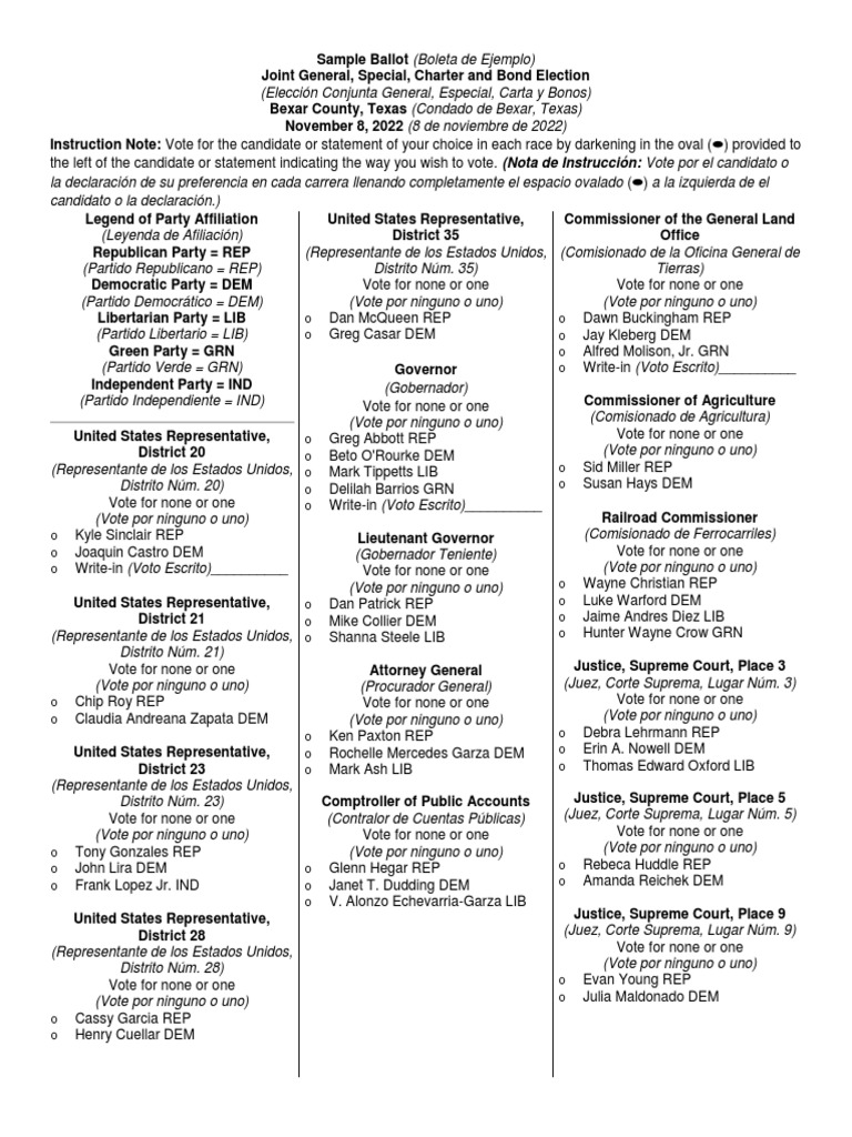 Sample Ballot Bexar County November 8, 2022 Election | PDF | Gobierno ...