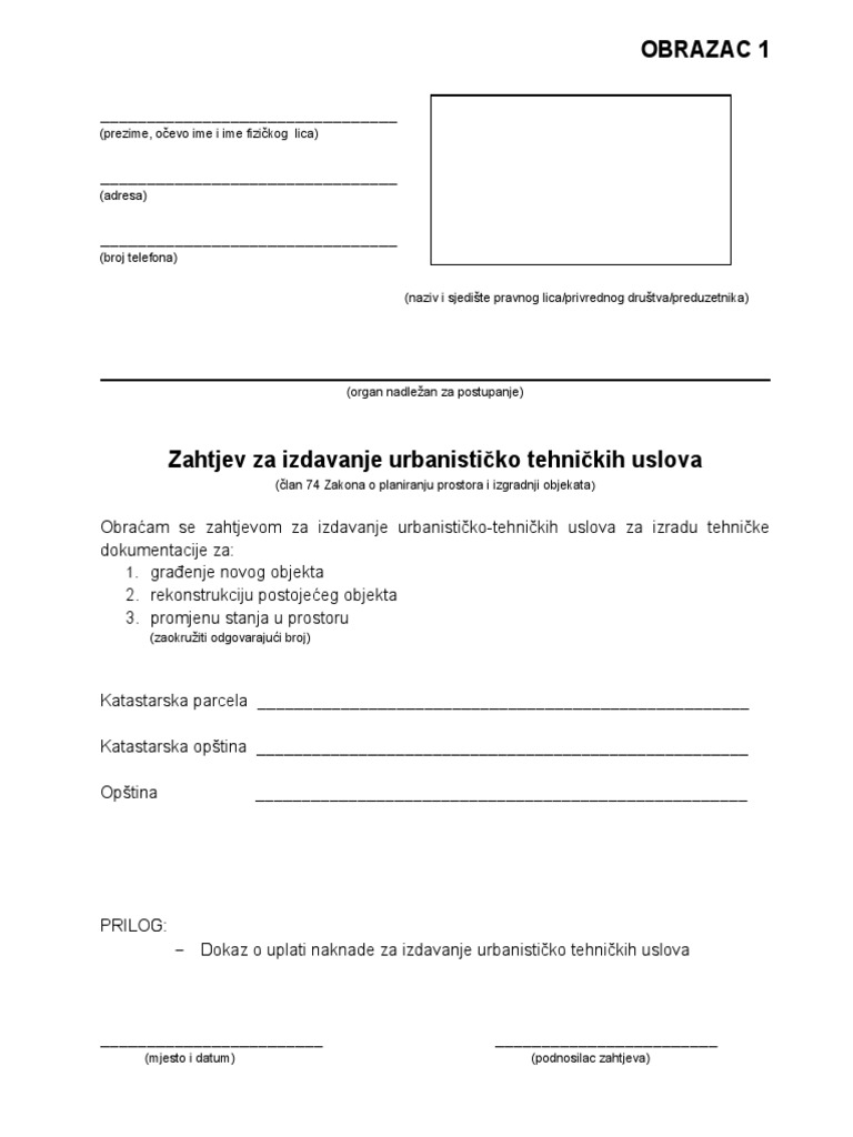 Obrazac 1 Zahtjev Za Izdavanje Urbanisticko Tehnickih Uslova | PDF