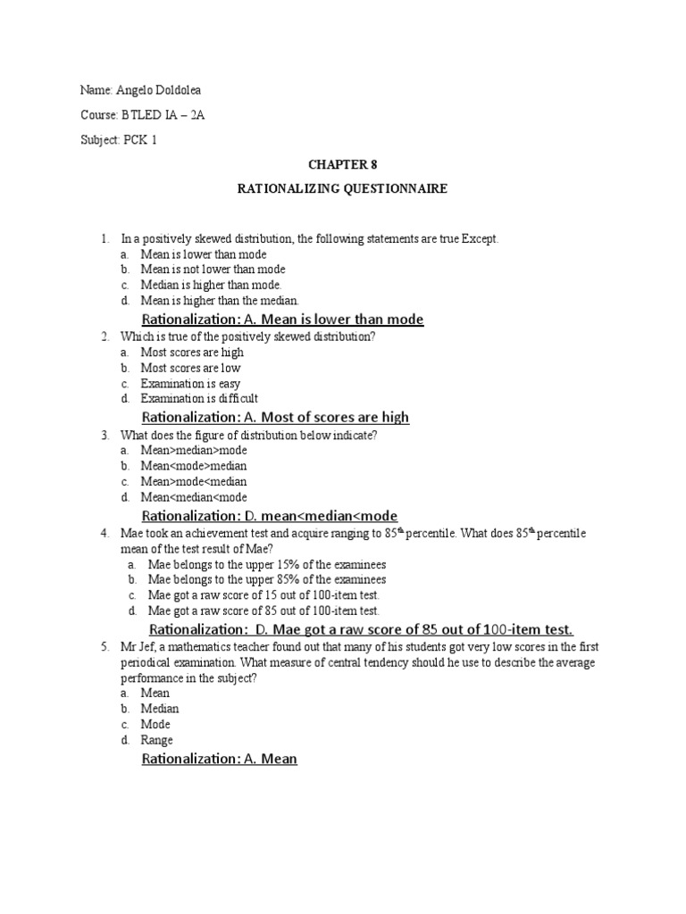 Angelo Doldolea Chapter 8 PCK1 | PDF | Mean | Mode (Statistics)