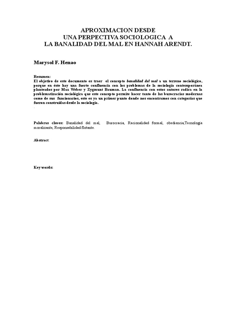 Aproximacion Desde Una Perpectiva Sociologica A La Banalidad Del Mal en ...