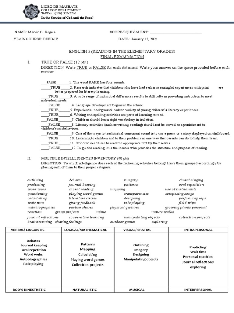 ENGLISH-5-FINAL-EXAM With Answers | PDF | Learning | Motivational