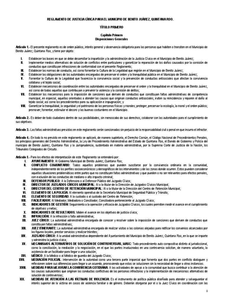 Reglamento de Justicia Civica Del Municipio de Benito Juárez - Qroo | PDF | Policía | Mediación