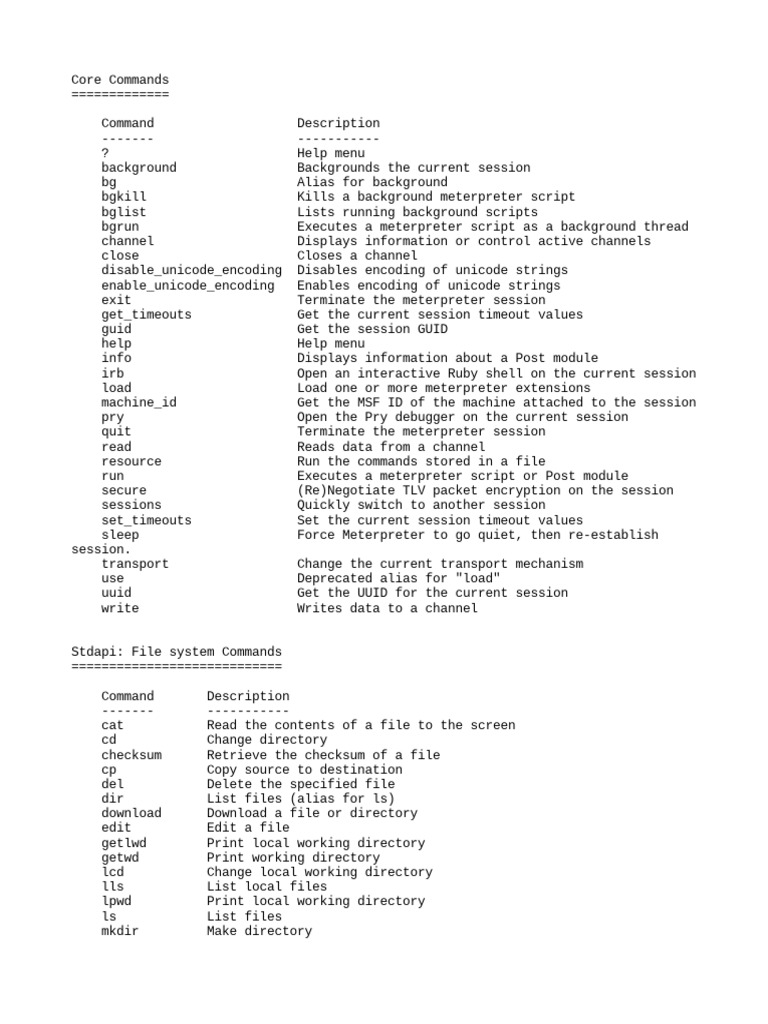 Android Meterpreter Commands | PDF | Computer File | Android (Operating System)