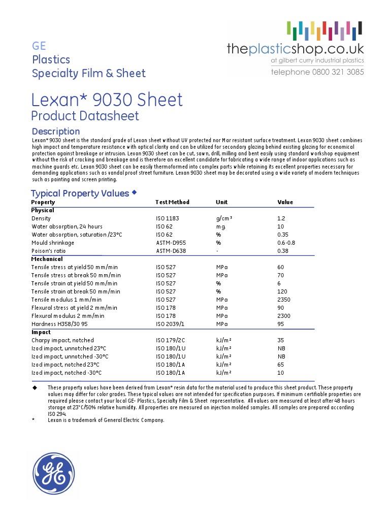 Lexan Polycarbonate 9030 Technical Properties Data Sheet | PDF | Sheet ...