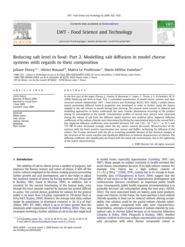 Salt Diffusion in Model Cheese Systems | PDF | Sodium | Sodium Chloride