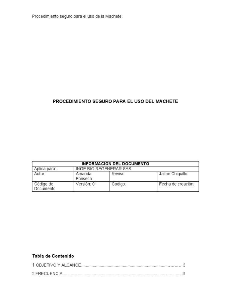 Procedimiento Seguro para Uso Del Machete | PDF