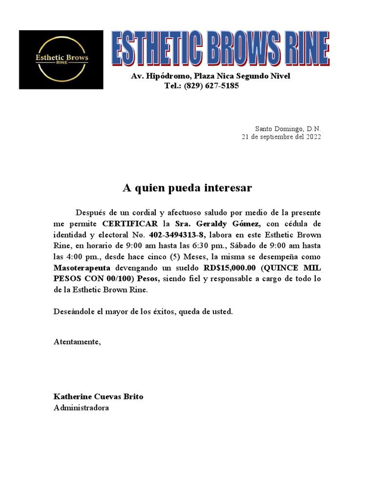 Carta de Trabajo (Esthetic Brown Rine) Geraldy Gomez | PDF