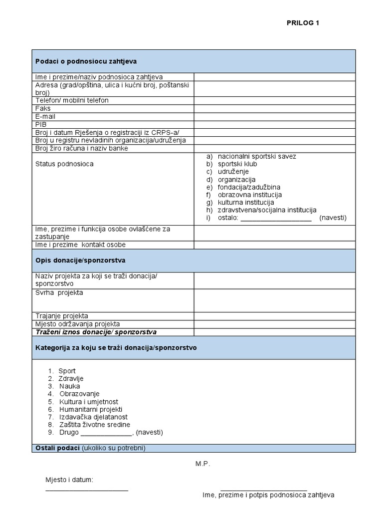 Obrazac Priloga Uz Zahtjev Za Donaciju Sponzorstvo | PDF