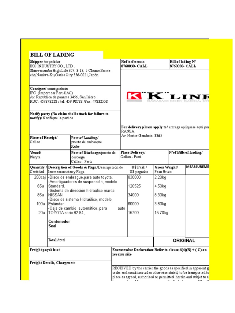 Bill of Lading for Vehicle Shipment | PDF | Cargo | Bill Of Lading
