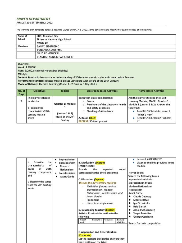 g10 Lesson Plan Music q1 w1 | PDF | Cognitive Science | Behavior ...