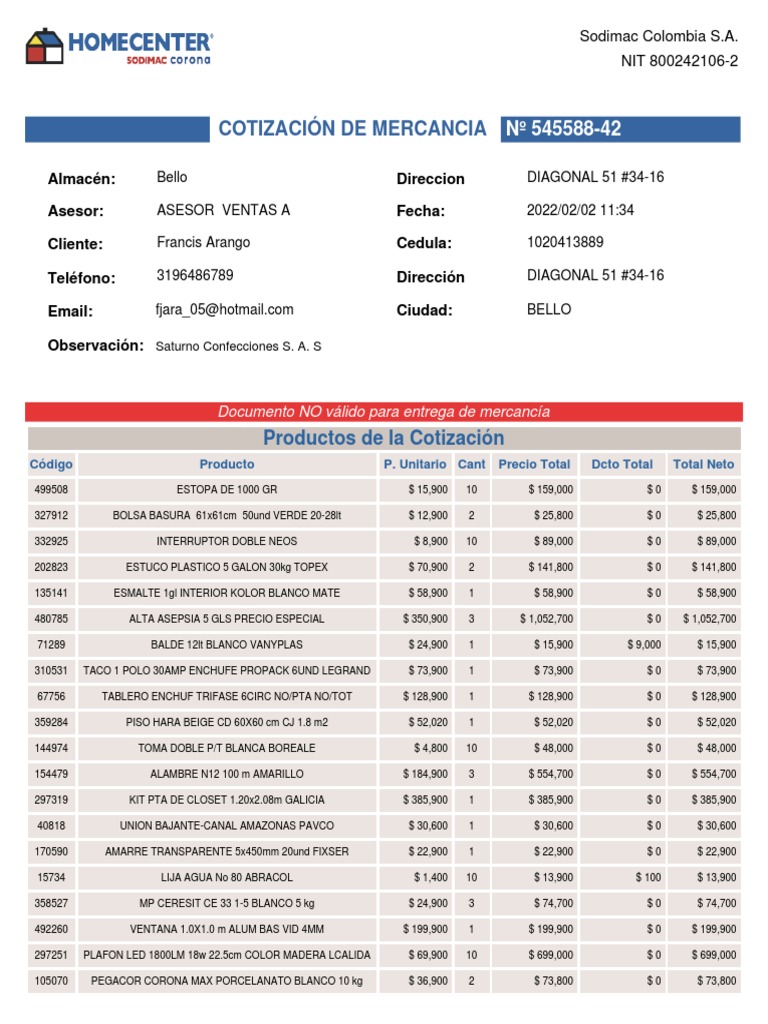 Cotización de materiales para construcción de una fábrica textil en Bello, Antioquia | PDF ...