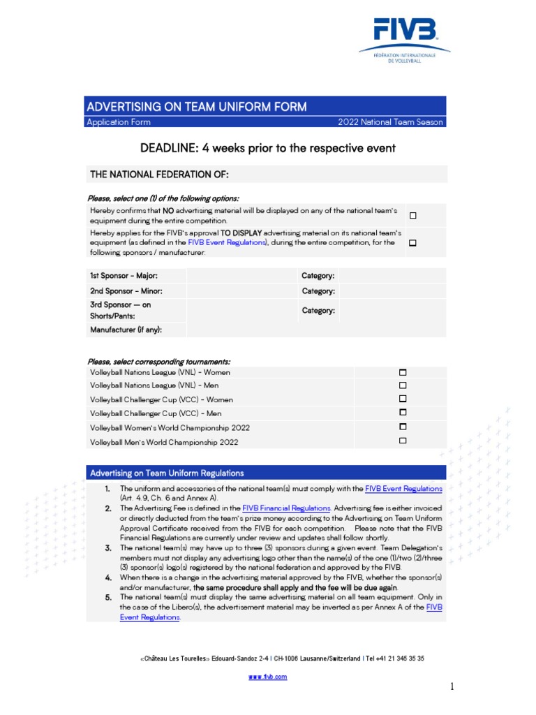 FIVB 2022 - Application - Advertising On Team Uniform Form | PDF ...