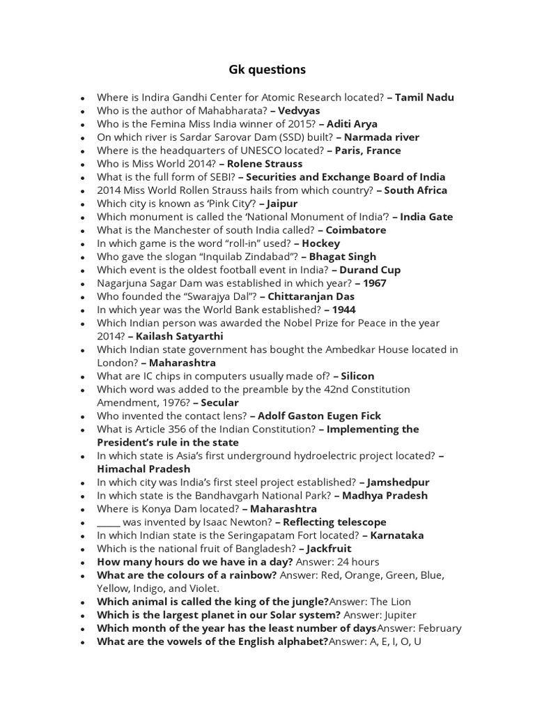 GK Questions | PDF | Jawaharlal Nehru | Earth